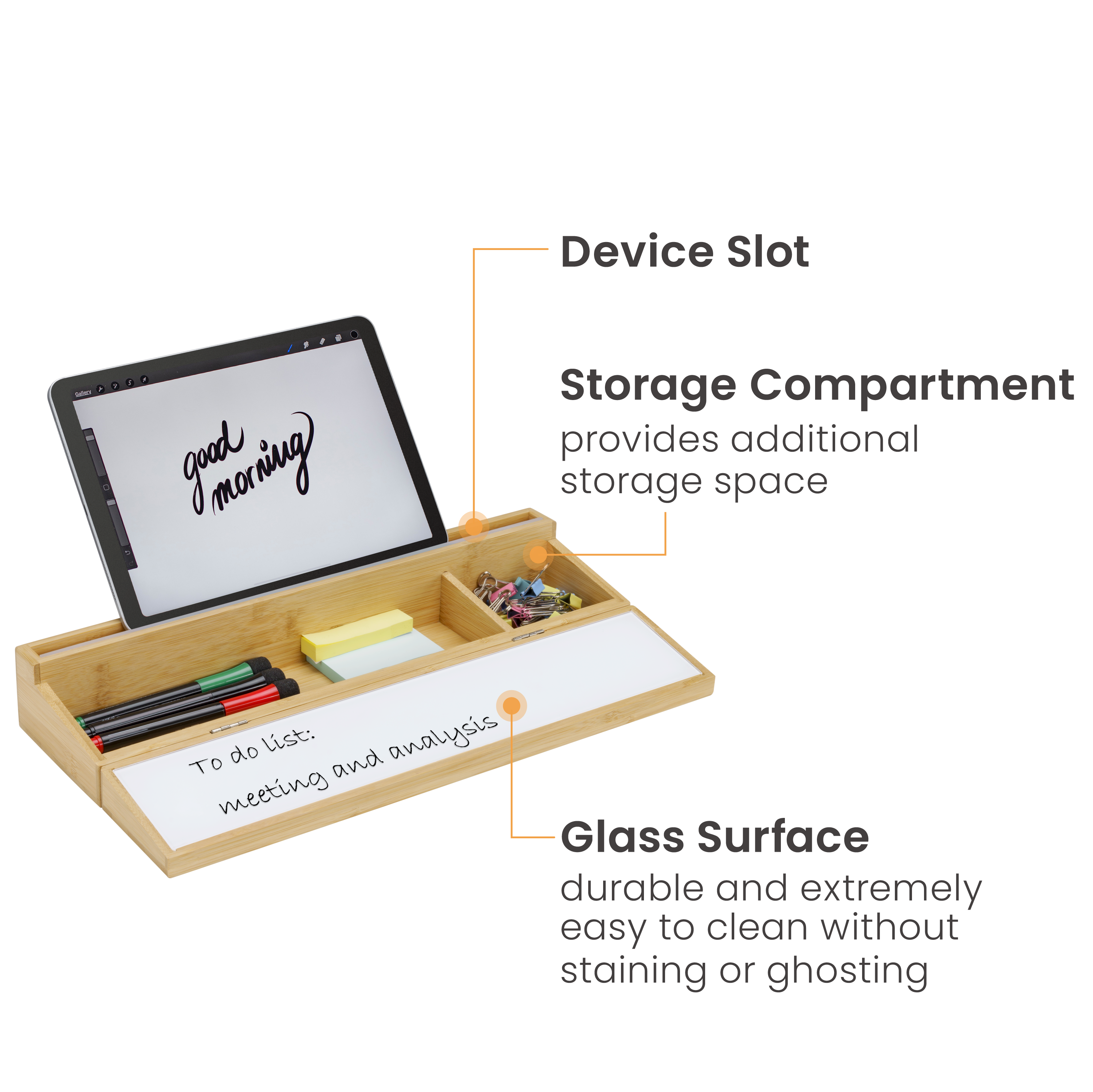 Folding Desktop Glass Whiteboard with Storage Compartment and Slot ...