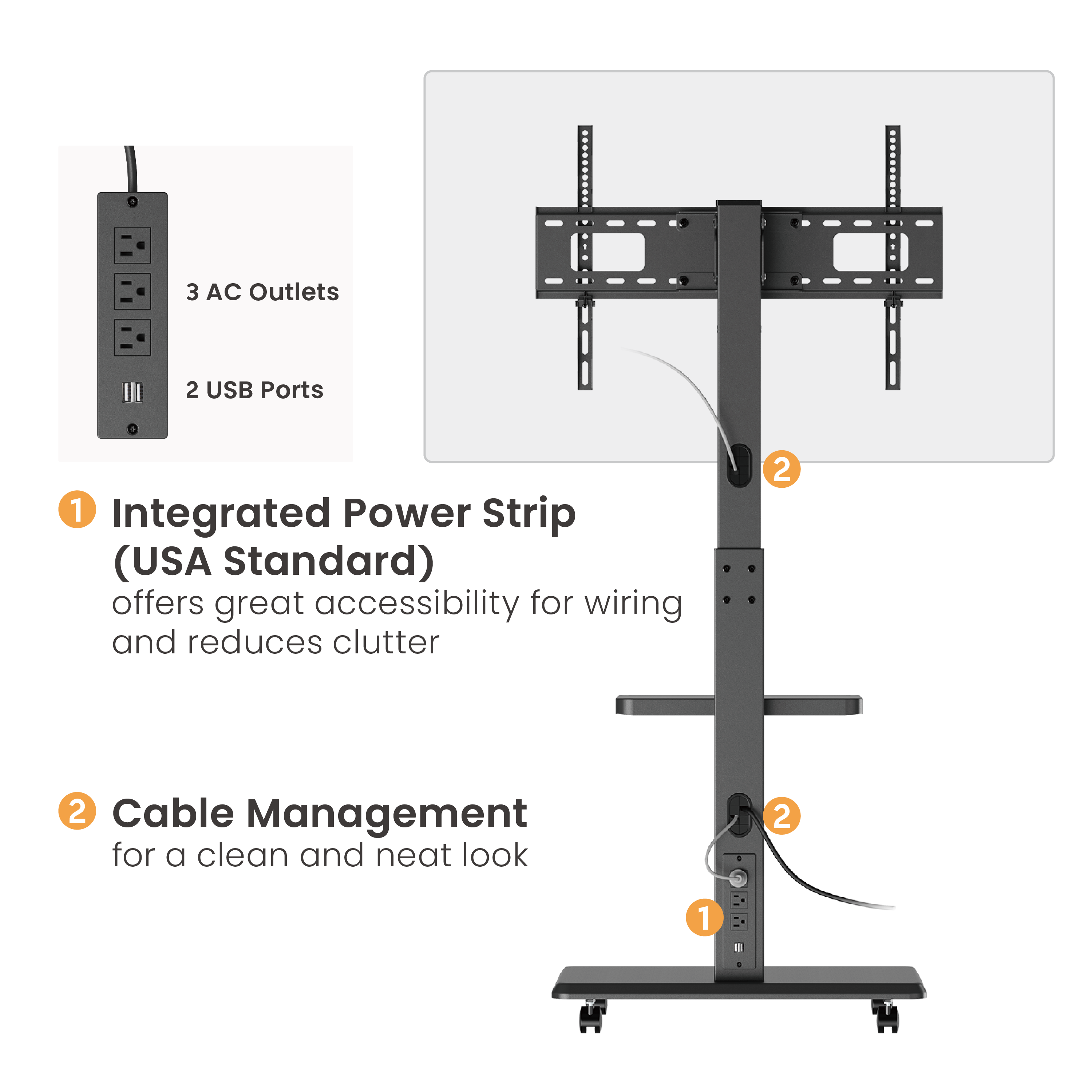 Storage-Savvy TV Cart with USA Standard Power Strip Supplier and ...