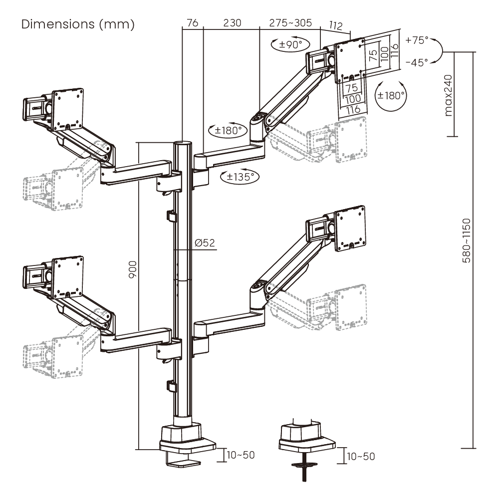 Modular Mechanical Spring Quad Monitor Arm with Sliders Supplier and ...